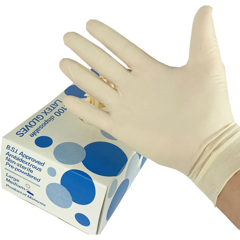 BSI Approved Ambidextrous Powdered Latex Gloves Medium (100) – Elmstok Ltd